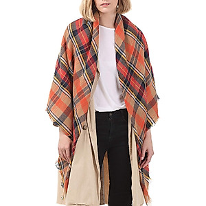 Trendy Women's Cozy Warm Winter Fall Blanket Scarf Stylish Soft Chunky Checked Giant Scarves Shawl Cape Orange