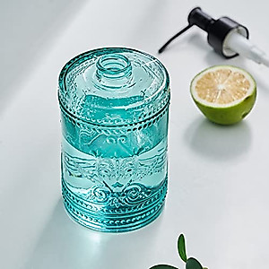 Teal Blue Glass Bathroom Accessories Set with Decorative Pressed Pattern - Includes 2 Hand Soap Dispenser & Tumbler & Soap Dish & Toothbrush Holder (Teal Blue)