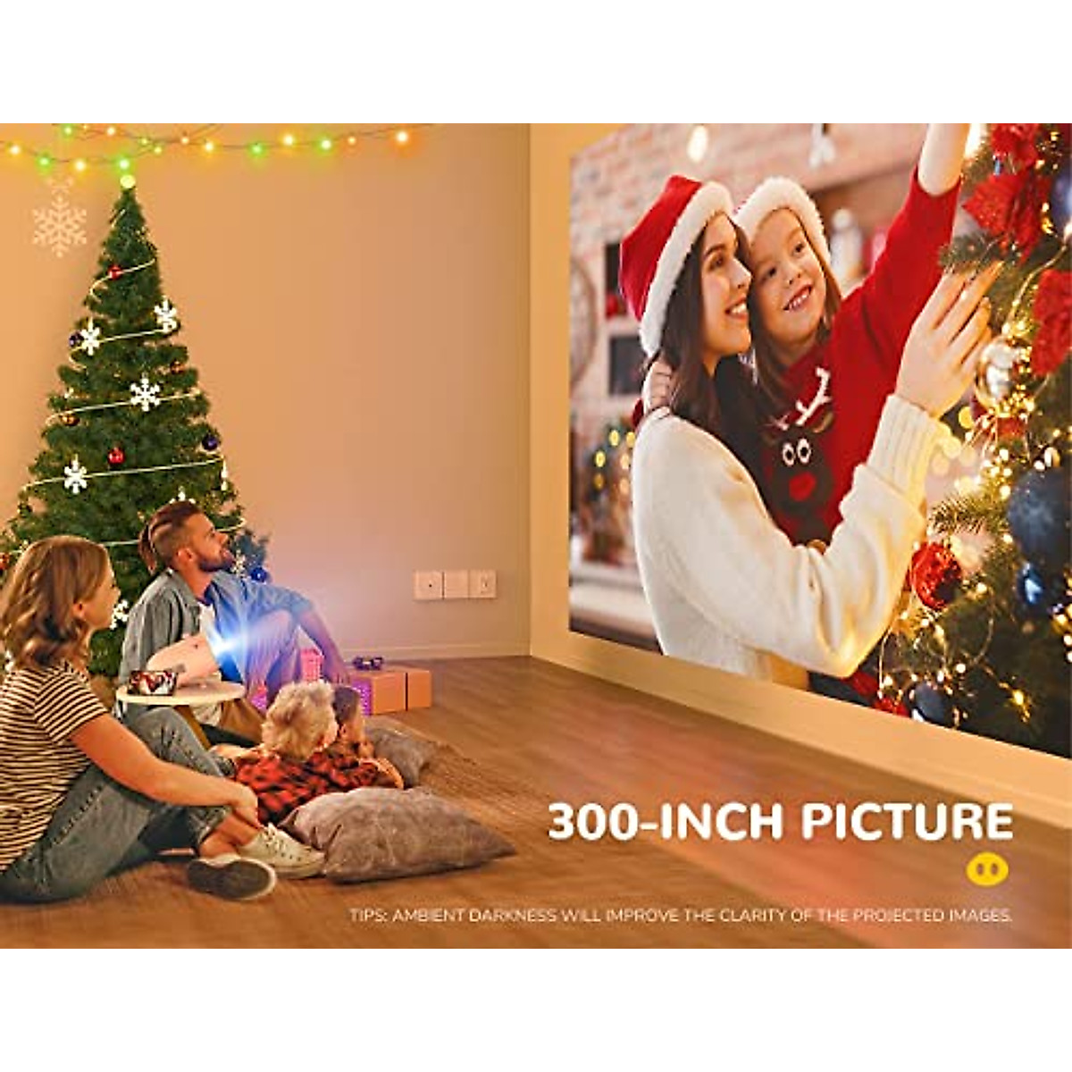 Mini Projector, Portable Video Projector w/ 1080P Supported and 300'' Display, LED Phone Projector for Kids Gifts, Cartoons TV Movie, Party Game, Compatible with HDMI, USB, TV Stick iOS & Android