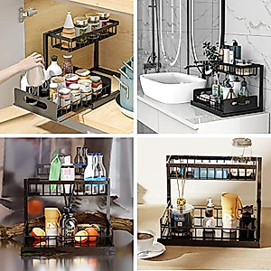 Under Sink Organizers,2-Tier Under Sink Organizers and Storage,Drill-Free Rustproof Stainless Steel Pull Out Shelf with Non-Slip Feet for Kitchen Bathroom, Black