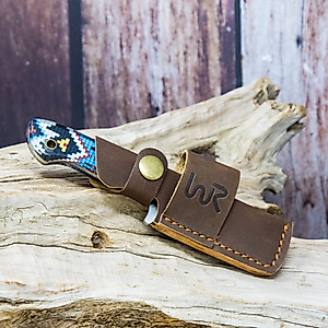 WHISKEY BENT HAT CO. Bullcutter Fixed Blade Knife 440C Stainless Steel 2.5" Blade w/Leather Sheath (Sky Bead)