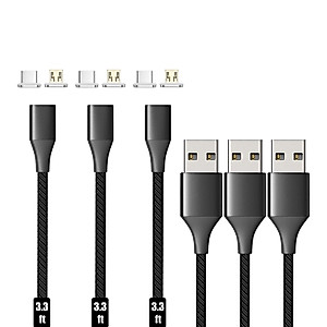 N. NETDOT Magnetic Charging Cable, Gen10 Nylon Braided 2-in-1 Magnetic Phone Charger Compatible with USB-C and Micro-USB Devices (3.3ft/3 Pack Black)