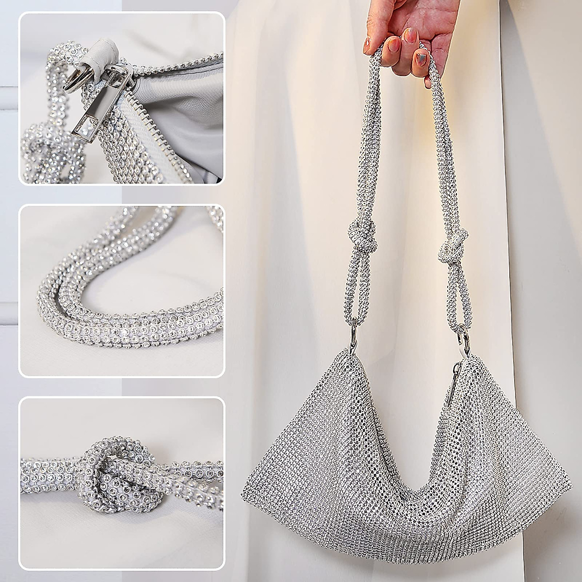 CORIOS Women Rhinestones Evening Bag Crystal Clutch Bag Sparkly Sequin Glitter Handbag Wedding Purse Bling Hobo Bag Banquet Bag Underarm Shoulder Bag for Wedding Prom Cocktail Party Silver