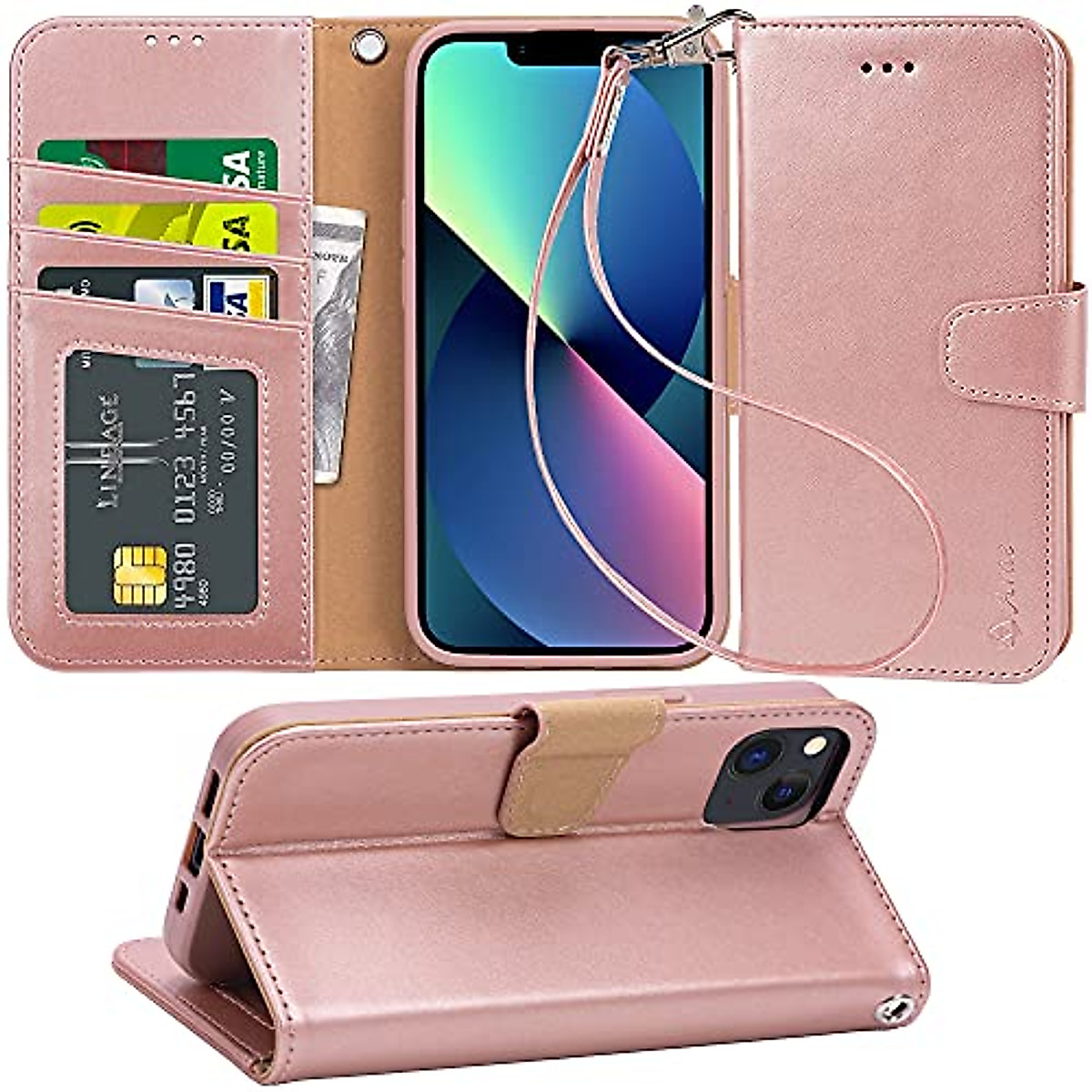 Arae Compatible with iPhone 13 Case[ Not for iPhone 13 Pro] with Card Holder and Wrist Strape Wallet Flip Cover for iPhone 13 6.1 inch-Rose Gold