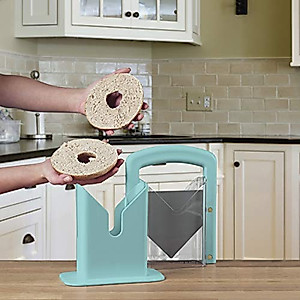 Hoan Bagel Guillotine Universal Slicer with Built In Safety Shield to Protect Fingers. Perfect for Smoothly Slicing Bagels, Buns, Muffins and More, Non Stick. 9.25 inch, Aqua Sky