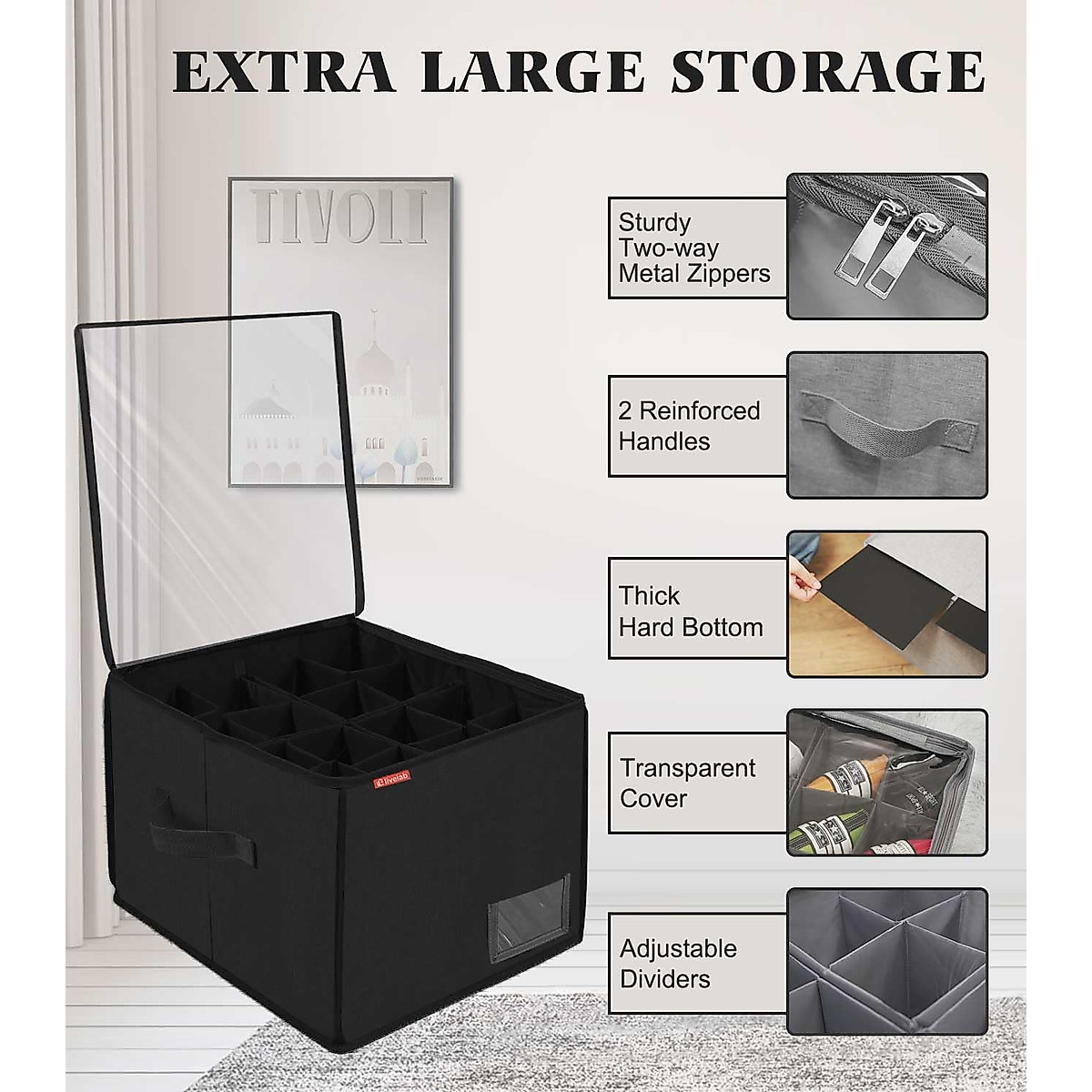 Livelab Foldable Shoe Organizer, Space Saving Fabric Shoe Holder for Closet, Adjustable Dividers for Shoe Storage Bins with Clear Cover & Bottom Support, Shoe Cube Organizer Up to 16 Pairs (Black)