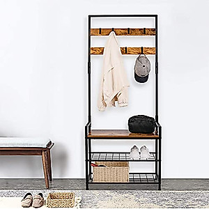 HOMEKOKO Coat Rack Shoe Bench, Hall Tree Entryway Storage Bench, Wood Look Accent Furniture with Metal Frame, 3-in-1 Design (Rustic Brown)