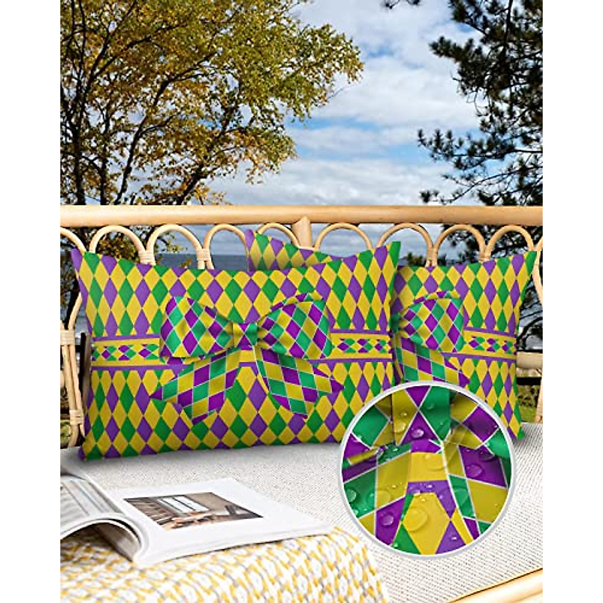 Outdoor Waterproof Throw Pillow Covers Set of 2 Cushion Cases Mardi Gras Purple Yellow Green Plaid Bow Pillow Covers,Decorative Pillowcases for Patio,Garden,Couch 20x12 Inch