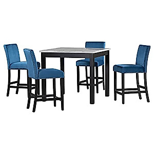 Lifeand 5-Piece Counter Height Set with One Faux Marble Dining Table and Four Upholstered-Seat Chairs,for Kitchen and Living Room Furniture, OneSize, Blue