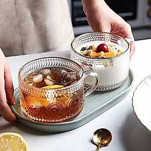Mfacoy Vintage Coffee Mugs Set of 2, 14 oz Glass Coffee Tea Cups with Handle, Clear Embossed Glass Cups, Tea Cups, Glass Coffee Cups for Cappuccino, Latte, Cereal, Yogurt, Milk, Hot or Cold Beverages