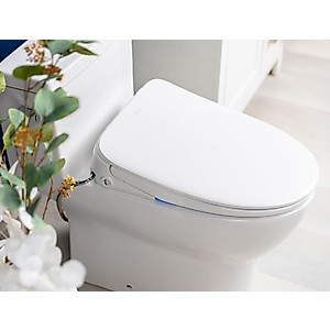 ALPHA BIDET iX Pure Bidet Toilet Seat in Elongated White | Ultra Low Profile | Endless Warm Water | Arced Stainless Steel Nozzle | Blue LED Nightlight | Dryer