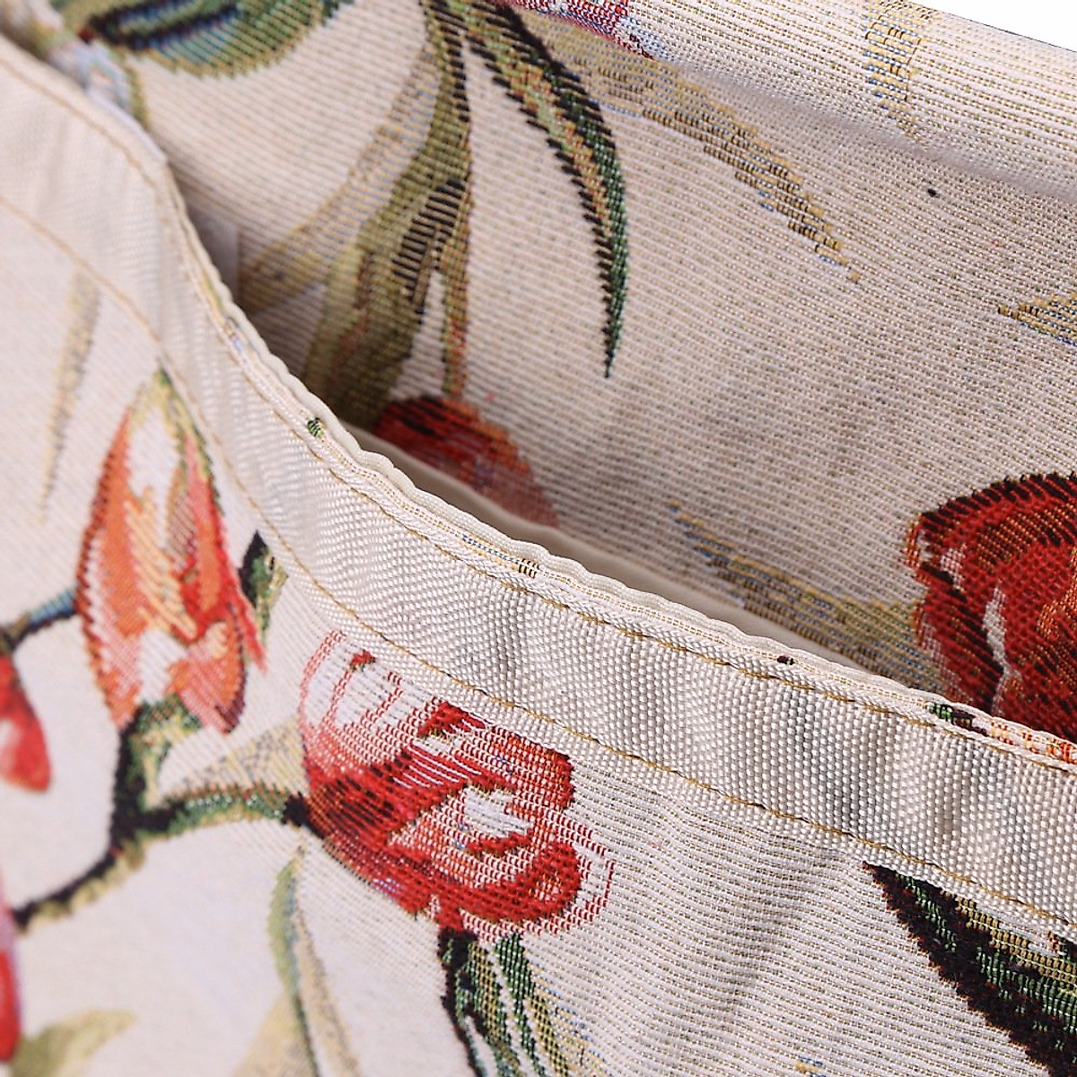 Knitting Tote Bag,Exquisite Practical Wood Handle Woven Fabric Storage Bag for Knitting Needles Sewing Tools (Red Flower)