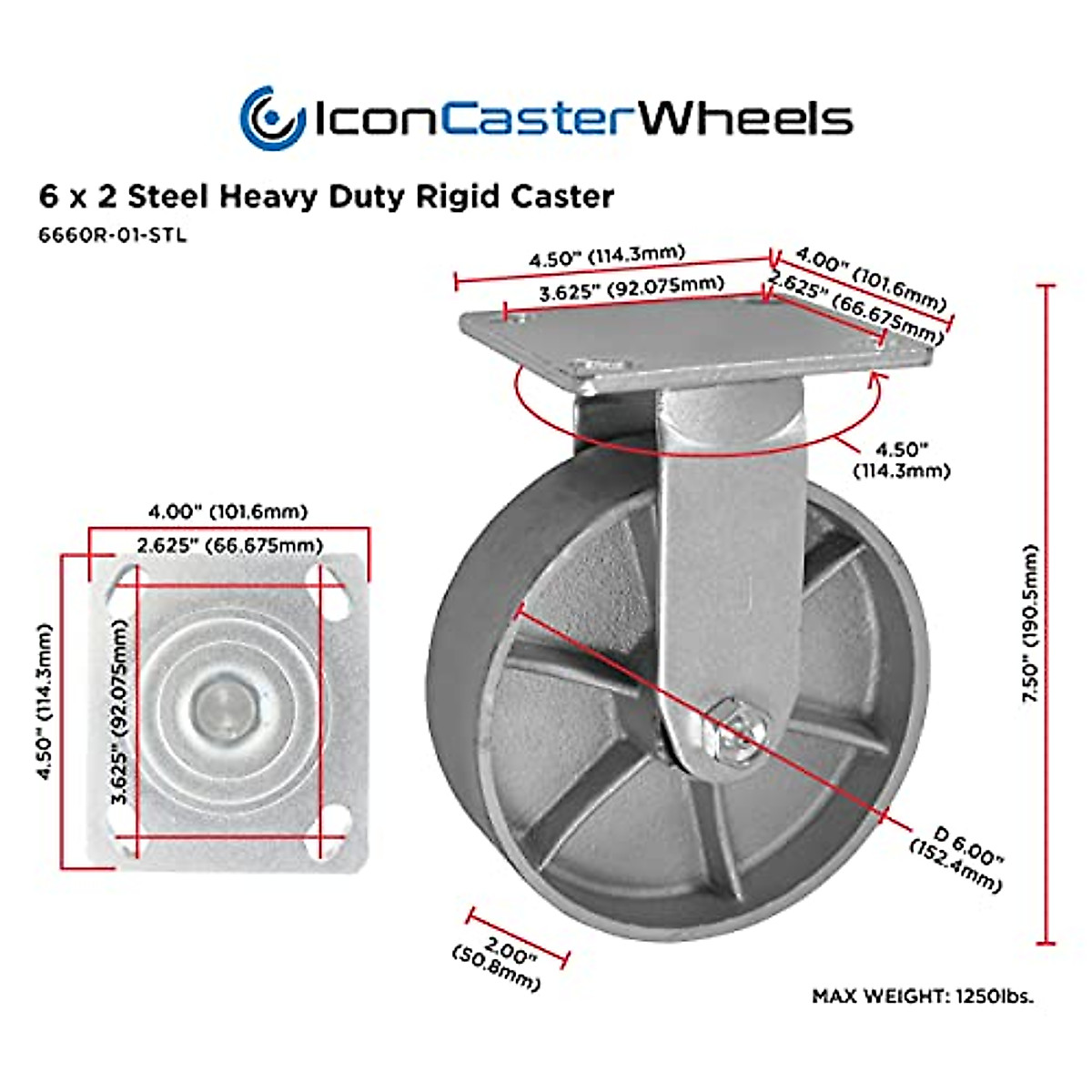 IconCasterWheels 6" x 2" Steel Heavy Duty Caster, Set of 4 Industrial Casters | 2 Swivel Top Lock Brake Caster & 2 Rigid Top Plate Caster | Top Plate 4 x 4.5", Load Capacity 4,800 lbs per Set (4-Pack)
