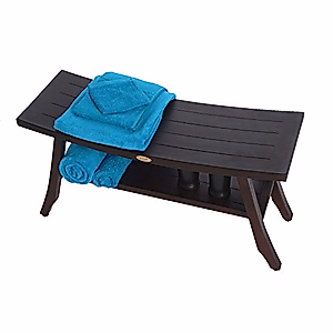 DecoTeak Satori Teak Shower Bench 34″ Long Eastern Style Wood Shower Bench with Curved Seat and Shelf Wooden Seat Shower Stool in Woodland Brown Finish