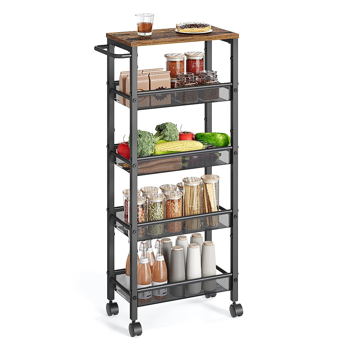 VASAGLE Slim Rolling Cart, 5-Tier Storage Cart, Narrow Cart with Handle, 8.7 Inches Deep, Metal Frame, for Kitchen, Dining Room, Living Room, Home Office, Rustic Brown and Black ULRC035B01