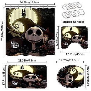 TAWOAO 4 Pcs Jack Skellington Shower Curtain Set with Non-Slip Rugs,Toilet Lid Cover and Bath Mat,Nightmare Before Christmas Shower Curtain with 12 Hooks
