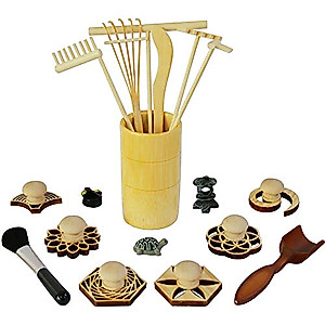 Zen Garden Rake Stamp Tools - Meditation Rock Sand Garden Accessories – Office Desktop Mini Zen Gifts for Man Women Bamboo Rakes Holder Brusher Spoon Figurines