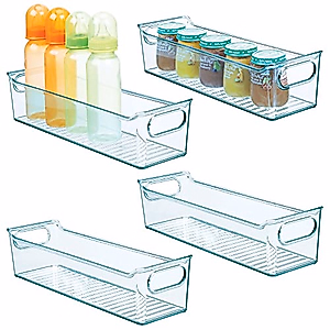 mDesign Slim Plastic Nursery Storage Container Bins with Handles for Organization in Pantry, Cabinet, Closet or Cubby Shelves - Organizer for Baby Food, Bibs, Formula, and Burp Cloths - 4 Pack, Blue
