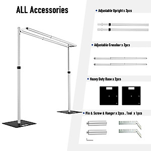 Hecis 12x12Ft Double Crossbar Pipe and Drape Backdrop Stand, 7-12' Tall x 7-12' Wide Adjustable Pipe and Drape Stand, Heavy Duty Backdrop Stand for Event, Party, Trade Shows and Wedding Decor