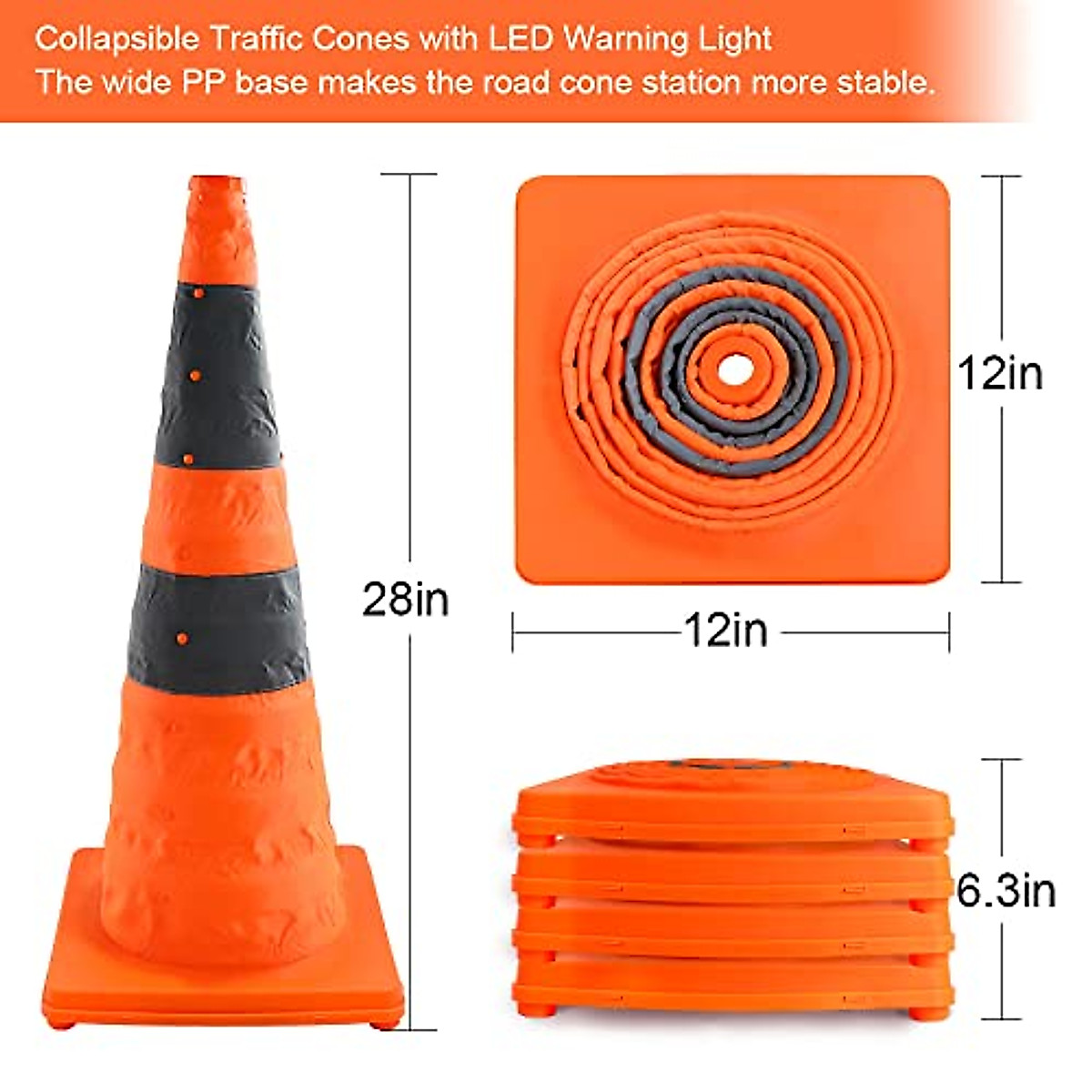 WHDZ 28 inch Collapsible Traffic Cones with LED Light Multi Purpose Pop up Reflective Safety Cones 4 Pack Orange