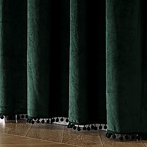Victree Pom Pom Velvet Curtains for Bedroom, Blackout Curtains 52 x 84 inch Length - Room Darkening Sun Light Blocking Rod Pocket Window Drapes for Living Room, 2 Panels, Dark Green
