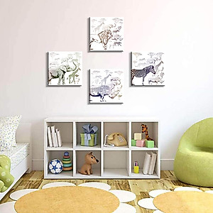 Animal Canvas Wall Art Safari Zoo Elephant Lion Zebra and Rhino Nursery Decor Printed Artwork Framed for Children's Room Bedroom Farmhouse Animal Wall Decoration Ready to Hang (12"x12"x4pcs)