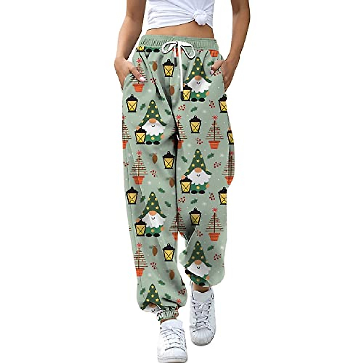 Plus Size Sweatpants,High Waisted Sweatpants for Women Christmas Gnome Print Elastic Waisted Baggy Sweatpants Drawstring Wide Leg Lounge Bottoms Red Wine Glass Print Green XL