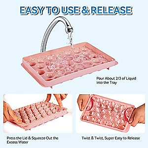 Round Ice Cube Tray, Ice Ball Maker Mold for Freezer with Lid & Bin, Easy Release Mini Sphere Ice Cube Mold Making 1.1IN X 66PCS Circle Small Ice Cube for Cocktail, Whisky(2 Pink Tray, 1 Scoop & Tong)