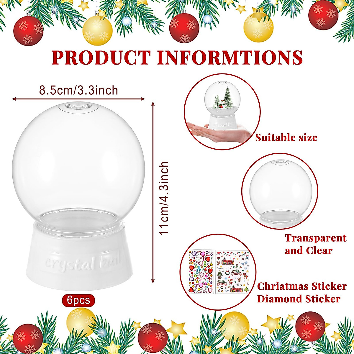 6 Pieces 4 Inch Plastic Snow Globes Clear Water Globes with Screw Off Cap DIY Snow Globes Water Globe Jar with Christmas and Diamond Sticker for DIY Crafts Home Decoration
