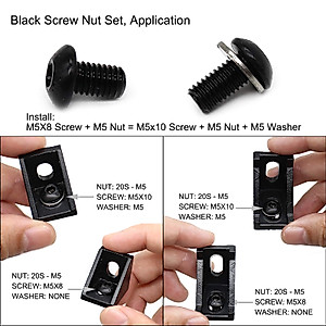 BLCCLOY 200Pcs M5 Black 20 Series T Slot Nuts and Bolts Screws Kit for 2020 Aluminum Extrusion Profile, 40Pcs M5x10, M5x8 Hexagon Socket Screws, 40Pcs M5 T Sliding Nut, Drop in T Nut, 40Pcs Washers