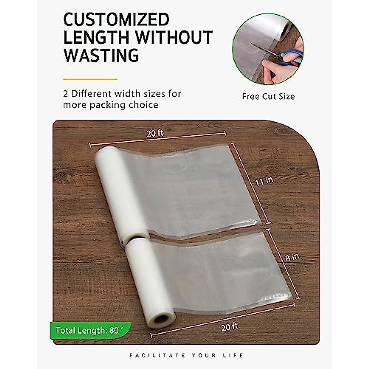 Syntus Vacuum Sealer Bags, 4 Pack 2 Roll 11" x 20' and 2 Roll 8" x 20' Commercial Grade Bag Rolls, Food Vac Bags for Storage, Meal Prep or Sous Vide