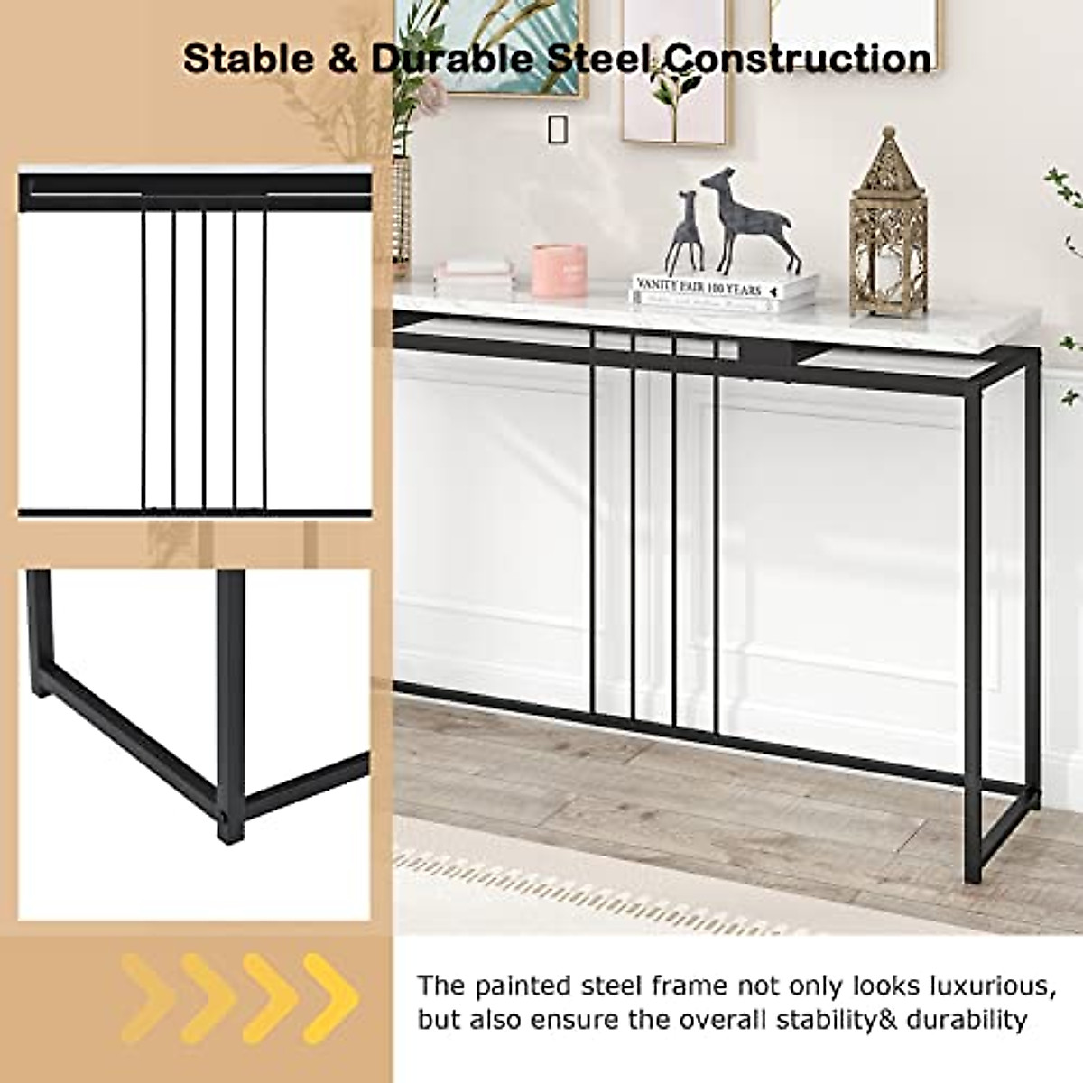 63" Modern Console Table, Rectangular Sofa Side Table with Faux Marble Tabletop Narrow Long Entryway Table with Black Metal Frame for Living Room, Couch, Hallway, Foyer, Kitchen Counter, White+Black