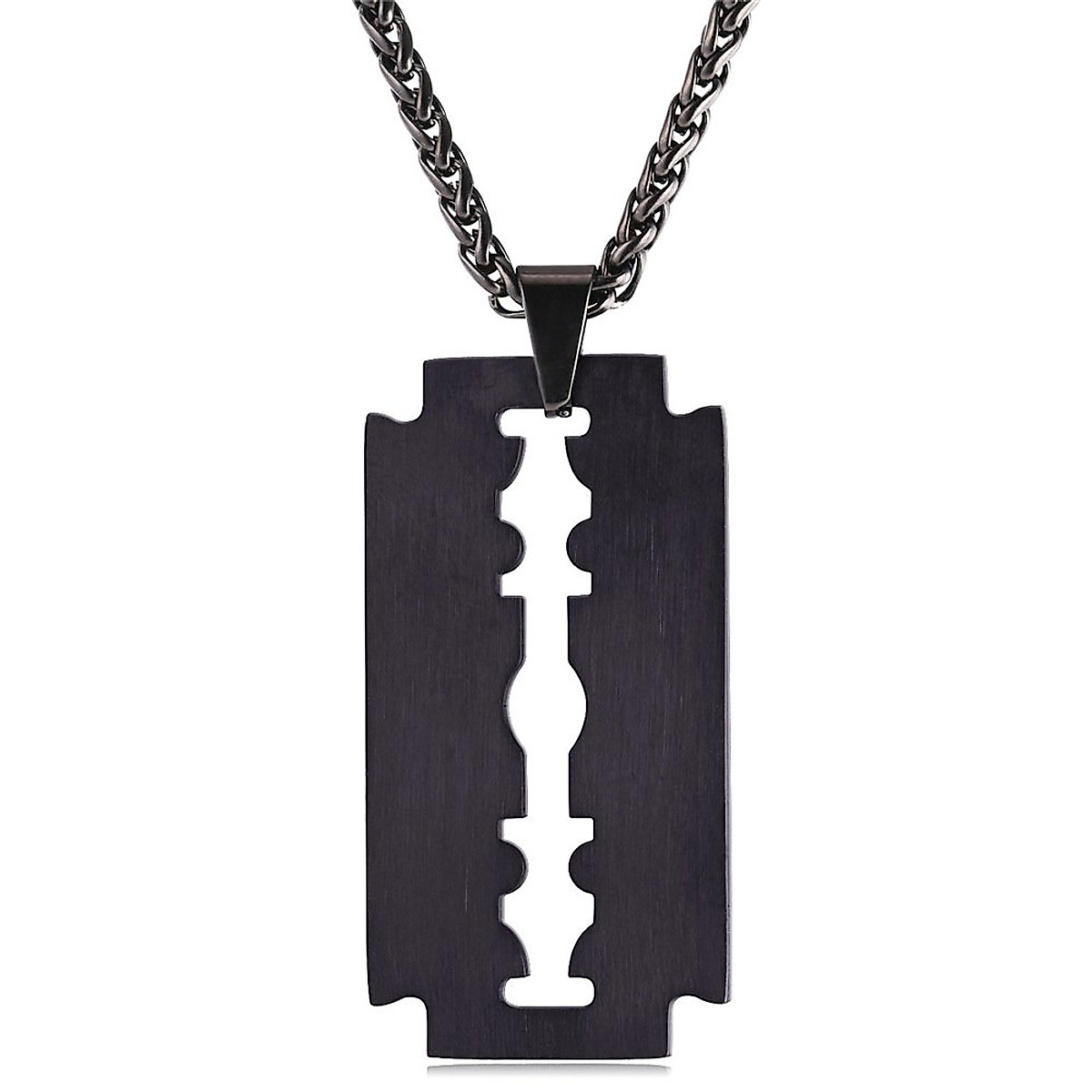 U7 Punk Jewelry Edgy Necklace with Black Wheat Rope Chain Ion Plating Black Men Razor Blade Pendant
