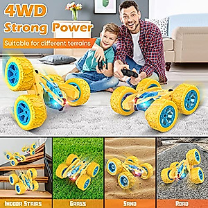Qumcou Remote Control Car, RC Cars Stunt Car Toys for Kids, 2.4Ghz High Speed Double-Sided 360°Rotating Toy Cars with Cool Headlights, Christmas Birthday Gifts for Boys Girls Age 6-12（Yellow）
