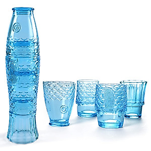 MDLUU Fish Design Tumbler Glasses, Stackable Drinking Glasses, Colored Glass Beverage Cups, Nautical Glassware for Gift, Set of 4 (Blue)