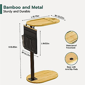 Yumkfoi Couch Side Table with Adjustable Heights, Bamboo Sofa Tray Table with Storage Pocket, Liftable Couch Arm Tray Table C Table End Table TV Tray Snack Table for Living Room, Bedroom