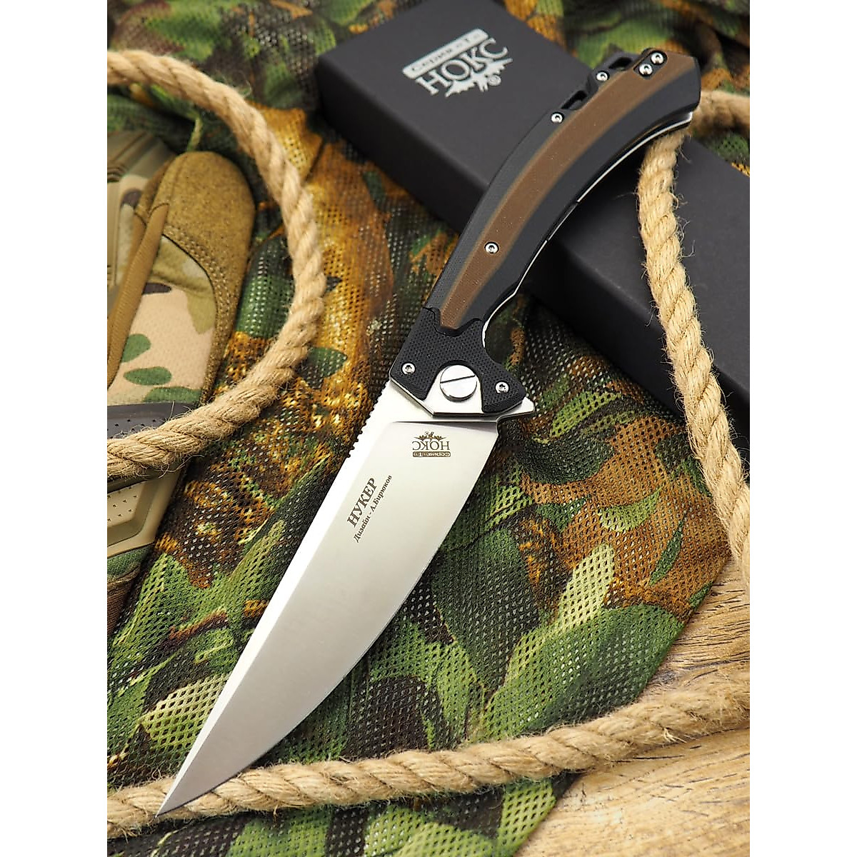 HOKC Nuker | 347-109406 | Utility Knife, Pocket Knife, EDC Knife by Official Dealer - Designed by Russian Master Aleksander Biryukov - Liner Lock, G10 Handle, Finger Flipper, Ball Bearing Pivot, Adjustable Pocket Clip, Long and Durable D2 Stainless Tool S
