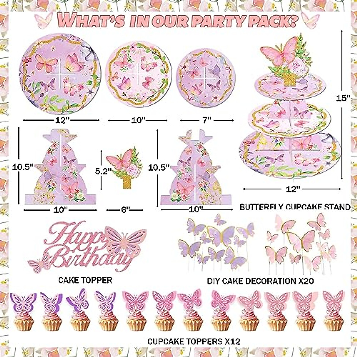 34 PCs Butterfly Cupcake Stand 3-Tier and Topper Set, Fiesec Floral Butterfly Birthday Party Decorations Baby Shower Supplies Cardboard Dessert Tower Holder Round Serving Stand 3D Butterfly for Girl