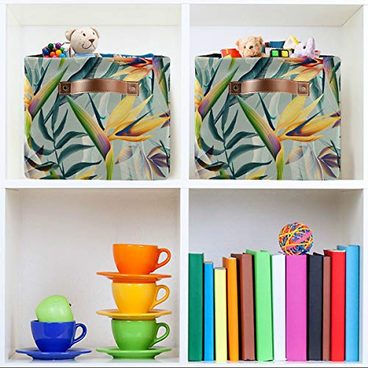 Storage Basket Cube Tropical Palm Flower Leaves Large Collapsible Toys Storage Box Bin Laundry Organizer for Closet Shelf Nursery Kids Bedroom,15x11x9.5 in,2 Pack