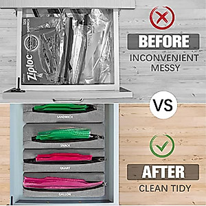 shiningwaner Ziplock Bag Storage Organizer for Kitchen Drawer, Upgraded Plastic Bag Organizer, Baggie Organizer with Ziplock Gallon, Quart, Sandwich and Snack Variety Size Bag, Grey