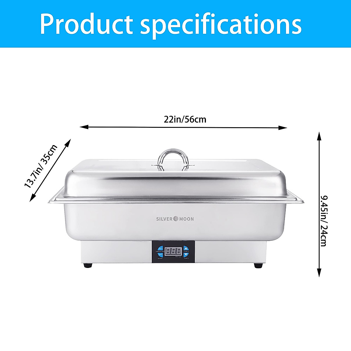 SILVER MOON 9 QT Electric Chafing Dish Buffet Set with Stainless Steel Lid, Digital Display Temperature Full Size Electric Chafer, Chafing Dish for buffet, Buffet Servers and Food Warmers for Parties