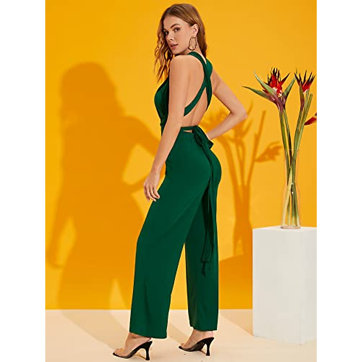 SweatyRocks Women's Sexy Deep V Neck Sleeveless Halter Jumpsuit Backless High Waist Wide Leg Romper Dark Green M