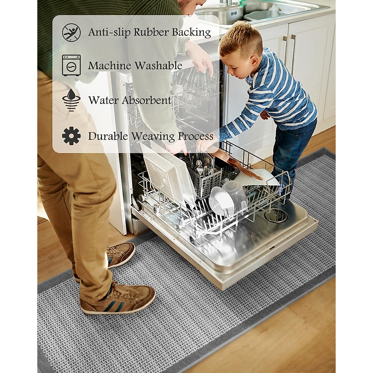 PADOOR Non Slip Kitchen Rugs Sets of 2 - Extra Large 2.5'x6' + 20"x32" Runner Rugs for Kitchen Floor Non Skid Washable, Absorbent Kitchen Mat for in Front of Sink 2 Piece Grey