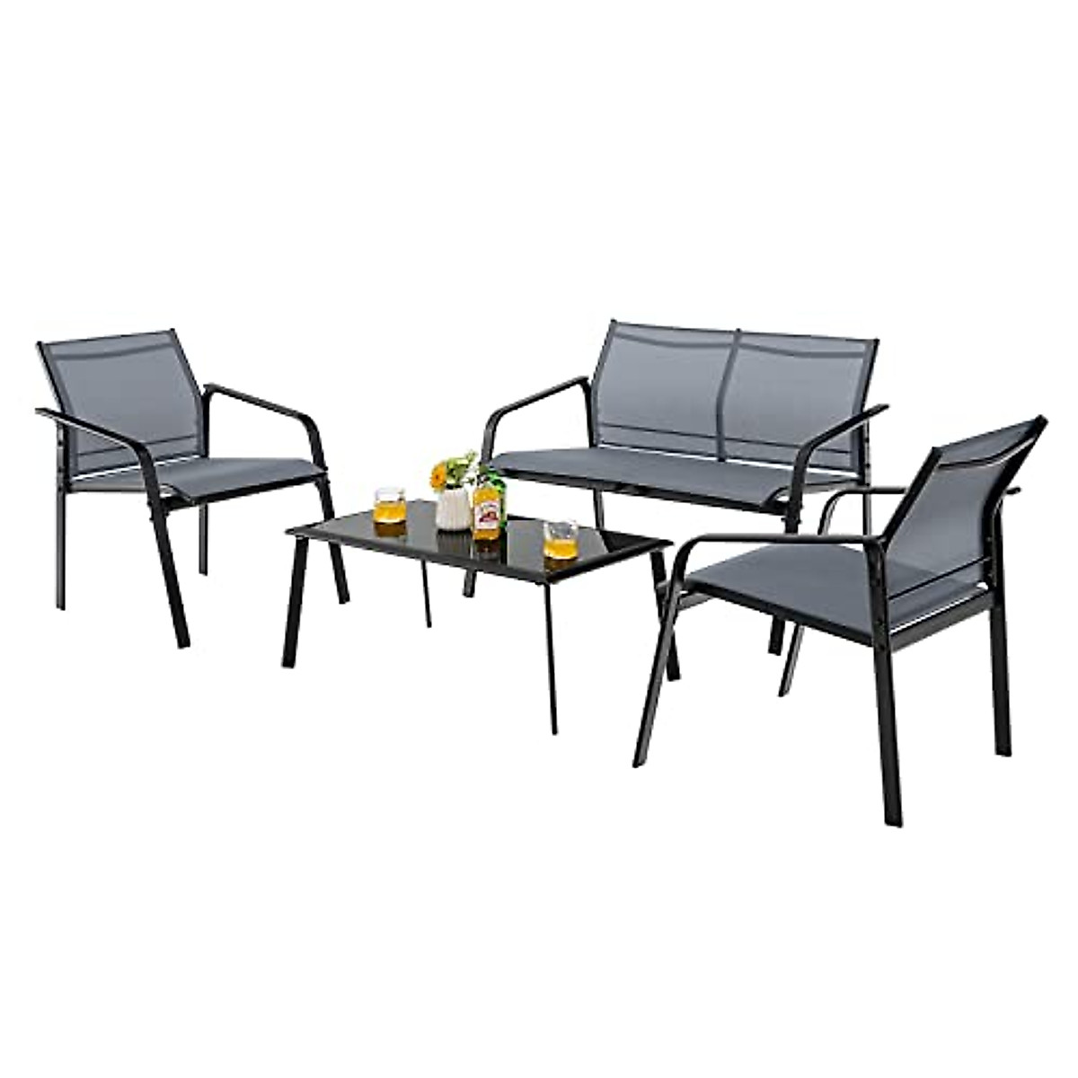 Tangkula 4 Pieces Patio Furniture Set, Outdoor Conversation Set with Tempered Glass Coffee Table, Outdoor Bistro Set with Fabric and Anti-Rust Steel Frame for Garden, Poolside and Backyard (Gray)