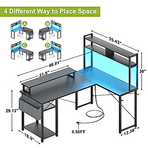 Besiost Small L Shaped Desk Gaming Desk with Power Outlets, 48" Reversible L Shaped LED Computer Desk with Monitor Stand & Storage Shelf, Corner Gamer Desk Home Office Desk with Storage Bag, Black