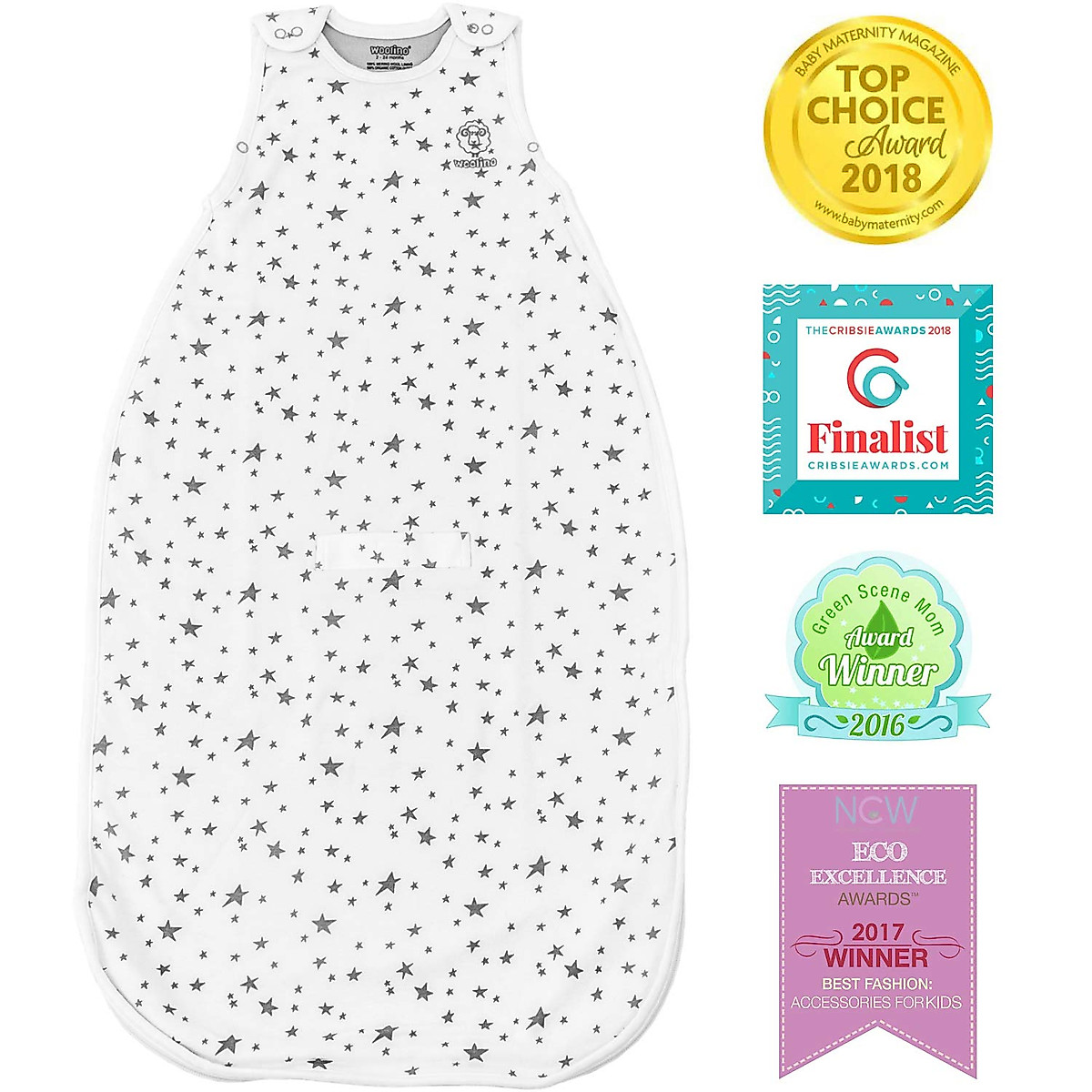 Woolino Toddler Sleeping Sack, 4 Season, Merino Wool and Organic Cotton, Baby Sleep Bag, 2-4 Years, Stars