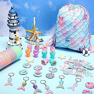 Sasylvia 110 Pcs Mermaid Party Supplies Favors Include Mermaid Silicone Bracelets Button Pins Mermaid Drawstring Bags Stamps Keychains Stickers for Kids Girls Mermaid Theme Birthday Party Supplies