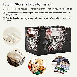 WELLDAY 1PCS Storage Basket Black Rose Skull Large Foldable Storage Bin Cube Collapsible Organizer