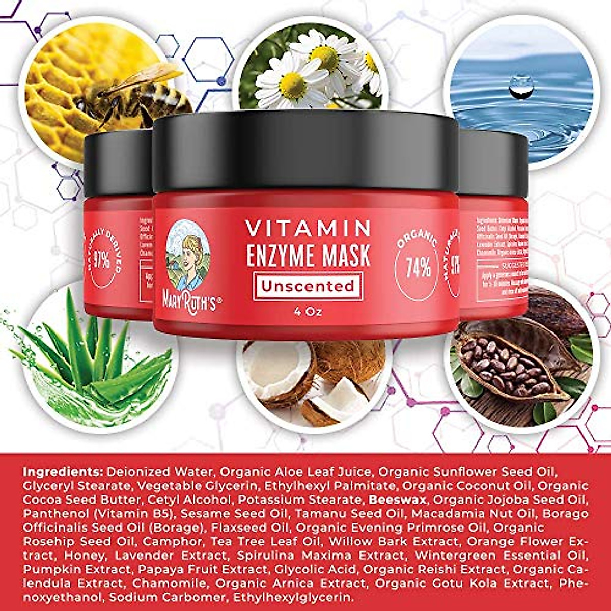 Vitamin Enzyme Mask (Plant Based) by MaryRuth's - 74% Organic Ingredients, Vitamins & Glycolic Acid gently remove dead skin cells to allow new skin tissue to emerge 4oz For Men & Women