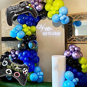 D-BUPU Video Game Balloon Garland Kit for Birthday,Tiffany Blue Black Purple Green Balloons with Game Foil Balloons Arch for Game Party Supplies Gamer Decorations